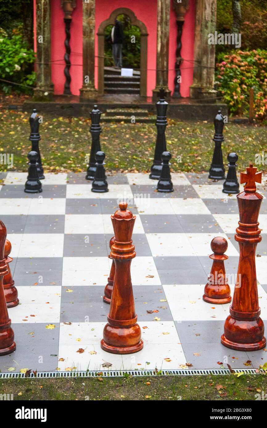 A giant chess set at Portmeirion tourist village in Gwynedd, North ...