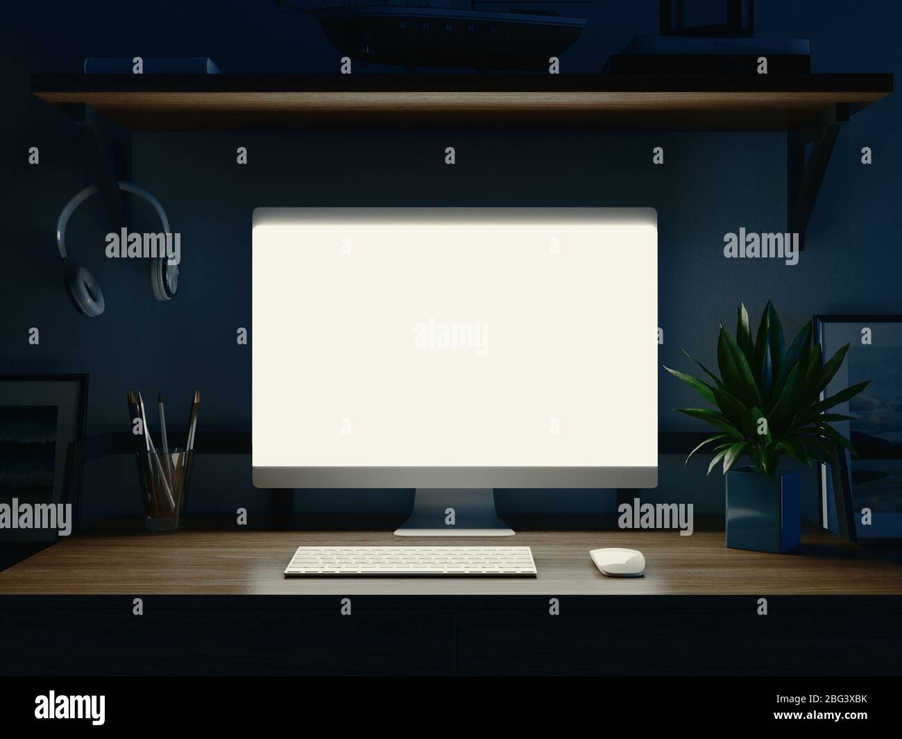 Stylish or modern workspace with computer on home or studio, 3d ...