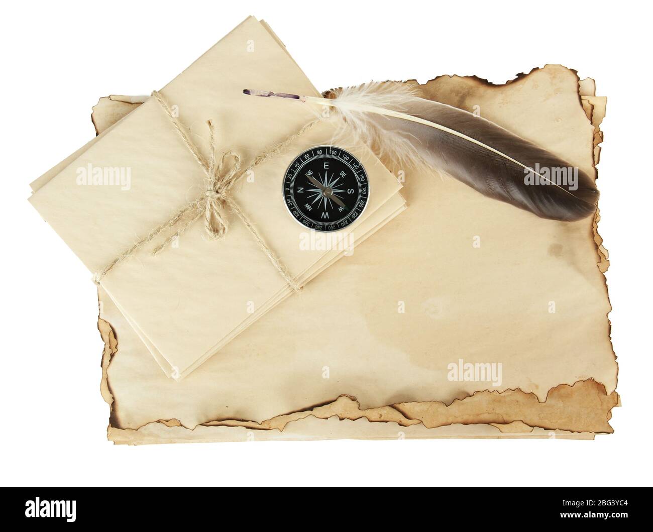 Old paper, letters and compass isolated on white Stock Photo - Alamy