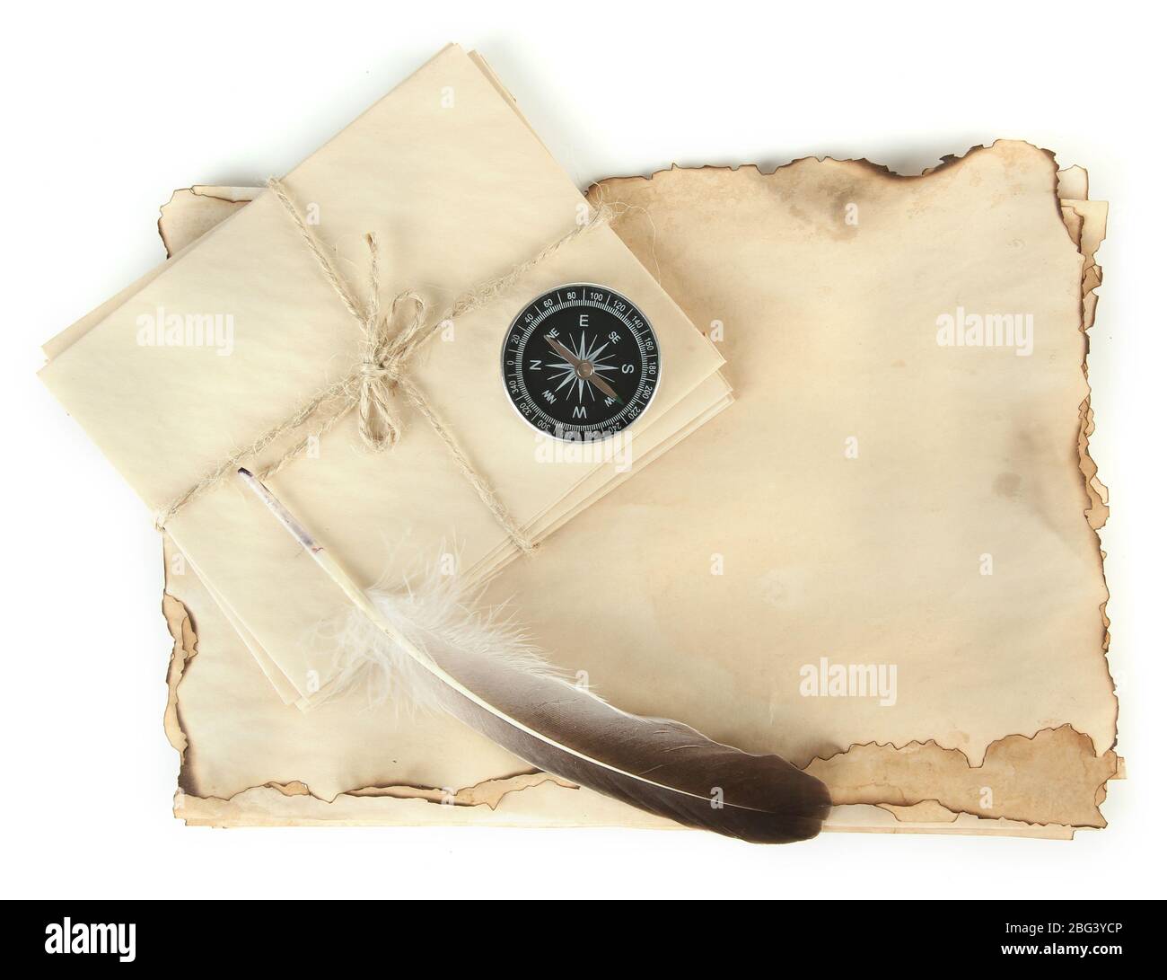 Old paper, letters and compass isolated on white Stock Photo - Alamy