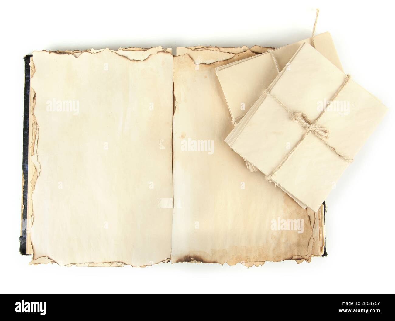 Open old book and letters isolated on white Stock Photo - Alamy