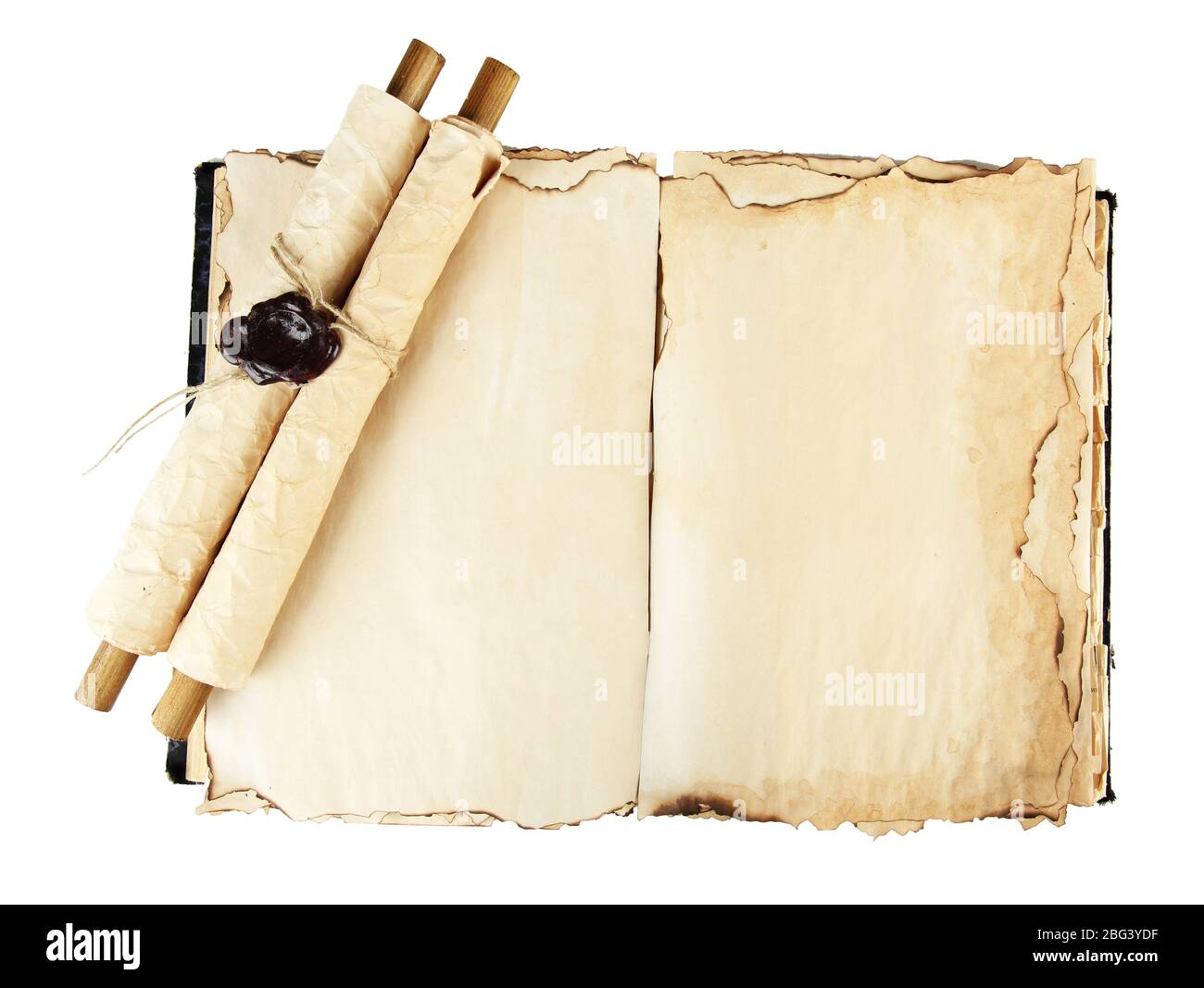 Open old book and scrolls isolated on white Stock Photo - Alamy