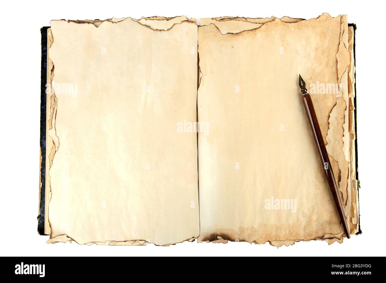 Open old book and ink pen isolated on white Stock Photo - Alamy