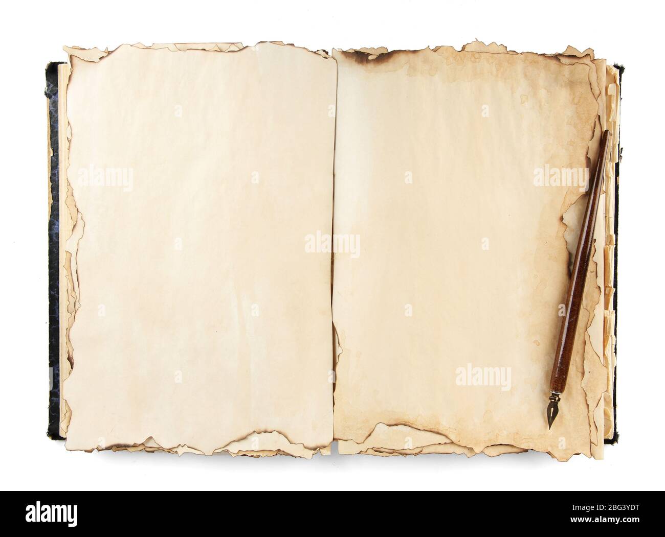 Open old book and ink pen isolated on white Stock Photo - Alamy