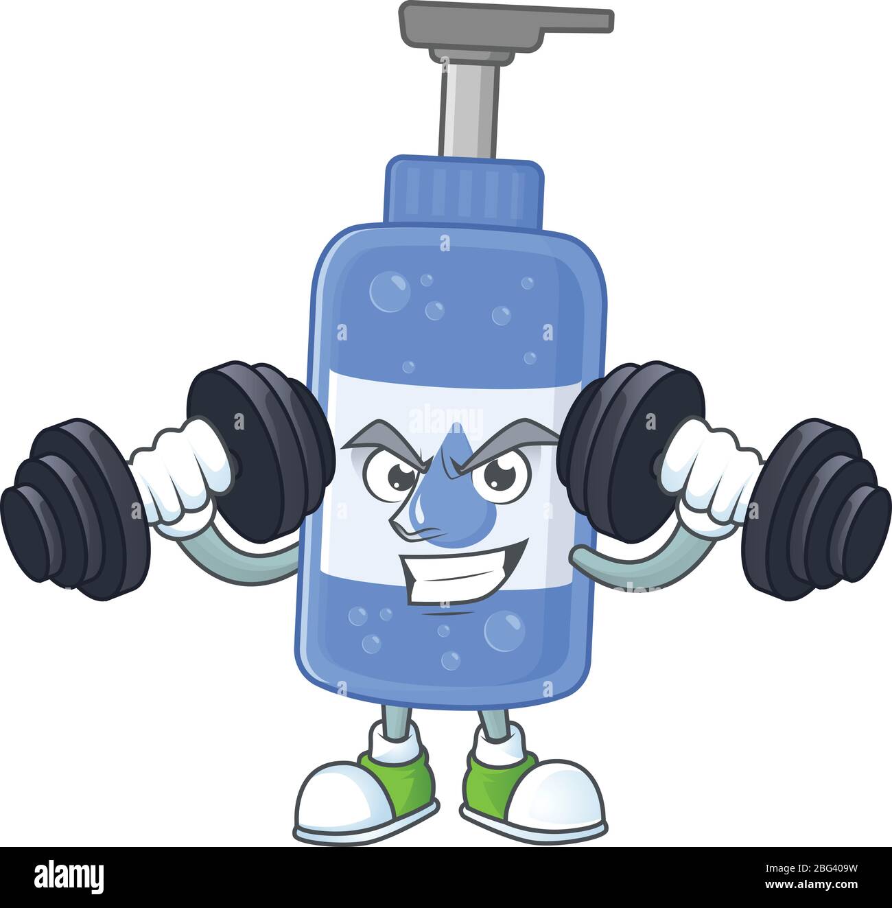 Fitness exercise handsanitizer cartoon character using barbells. Vector ...