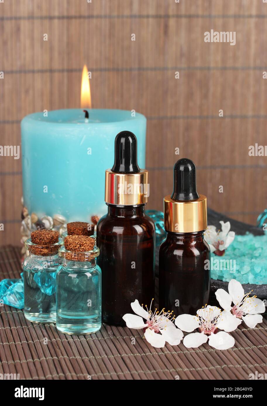 Spa composition with aroma oils on table close-up Stock Photo - Alamy