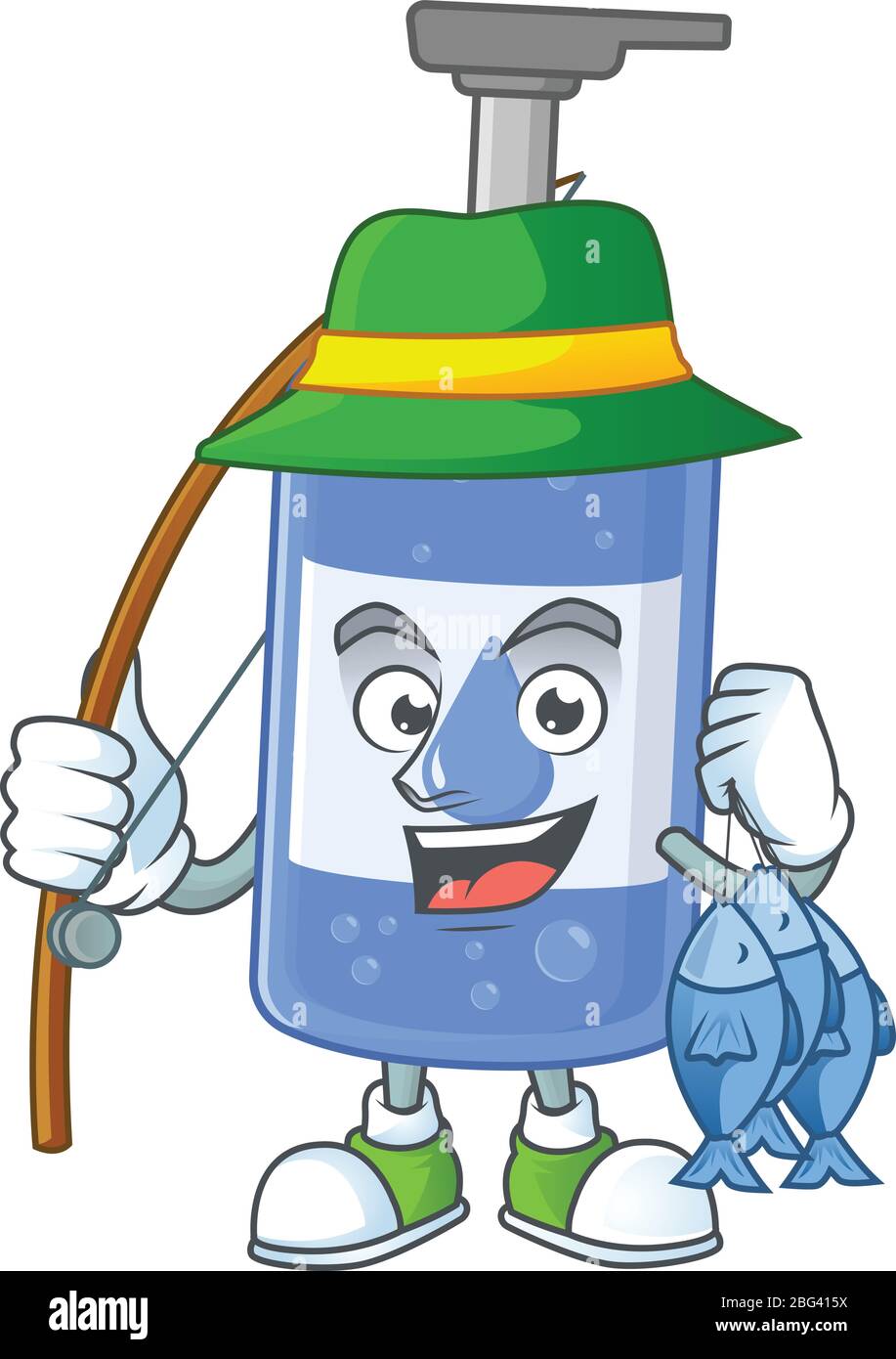 A Picture of handsanitizer fisher mascot design catch a fish. Vector ...
