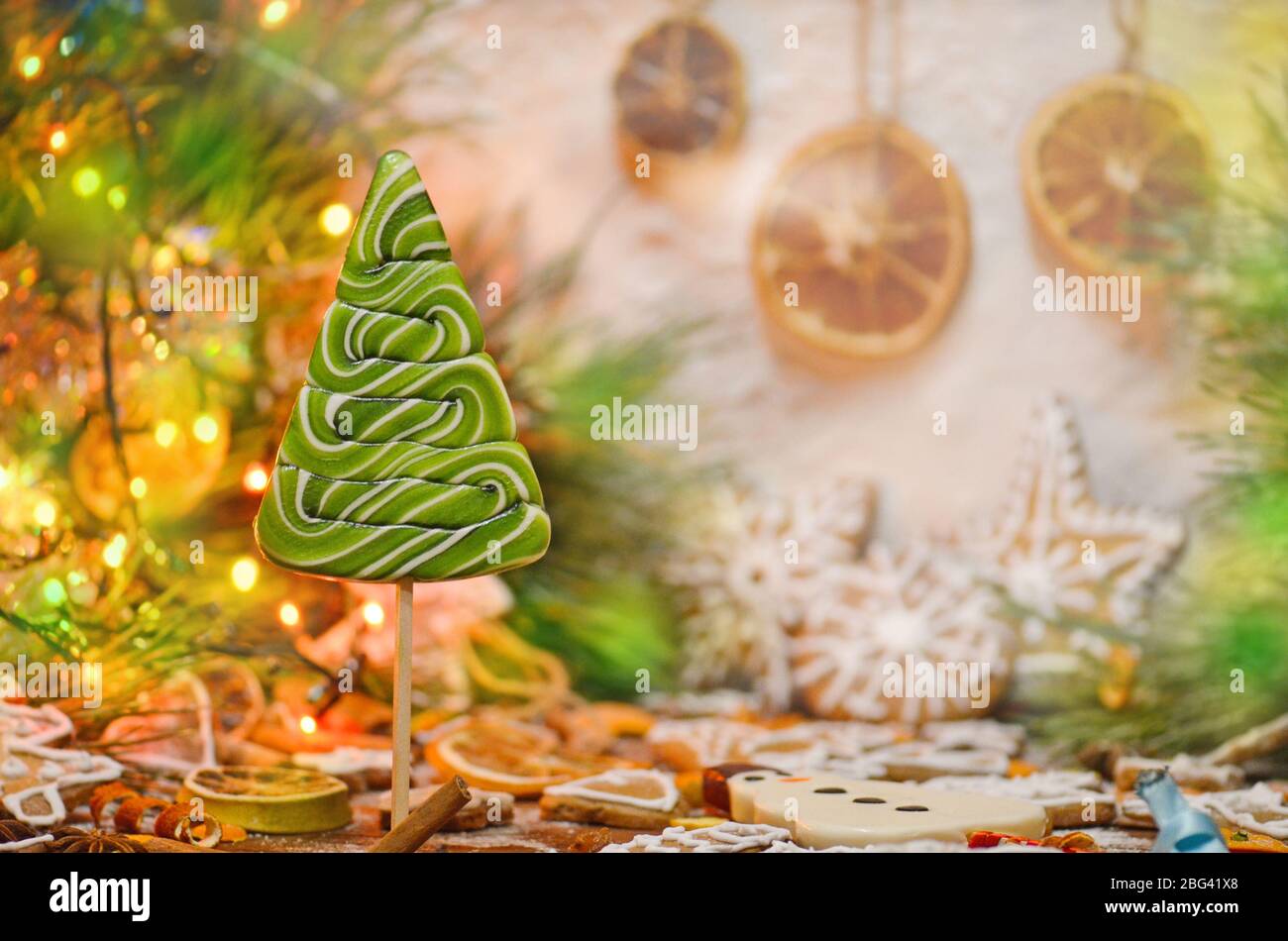 Christmas colorful tree made of sugar candie. Empty place for photo or ...