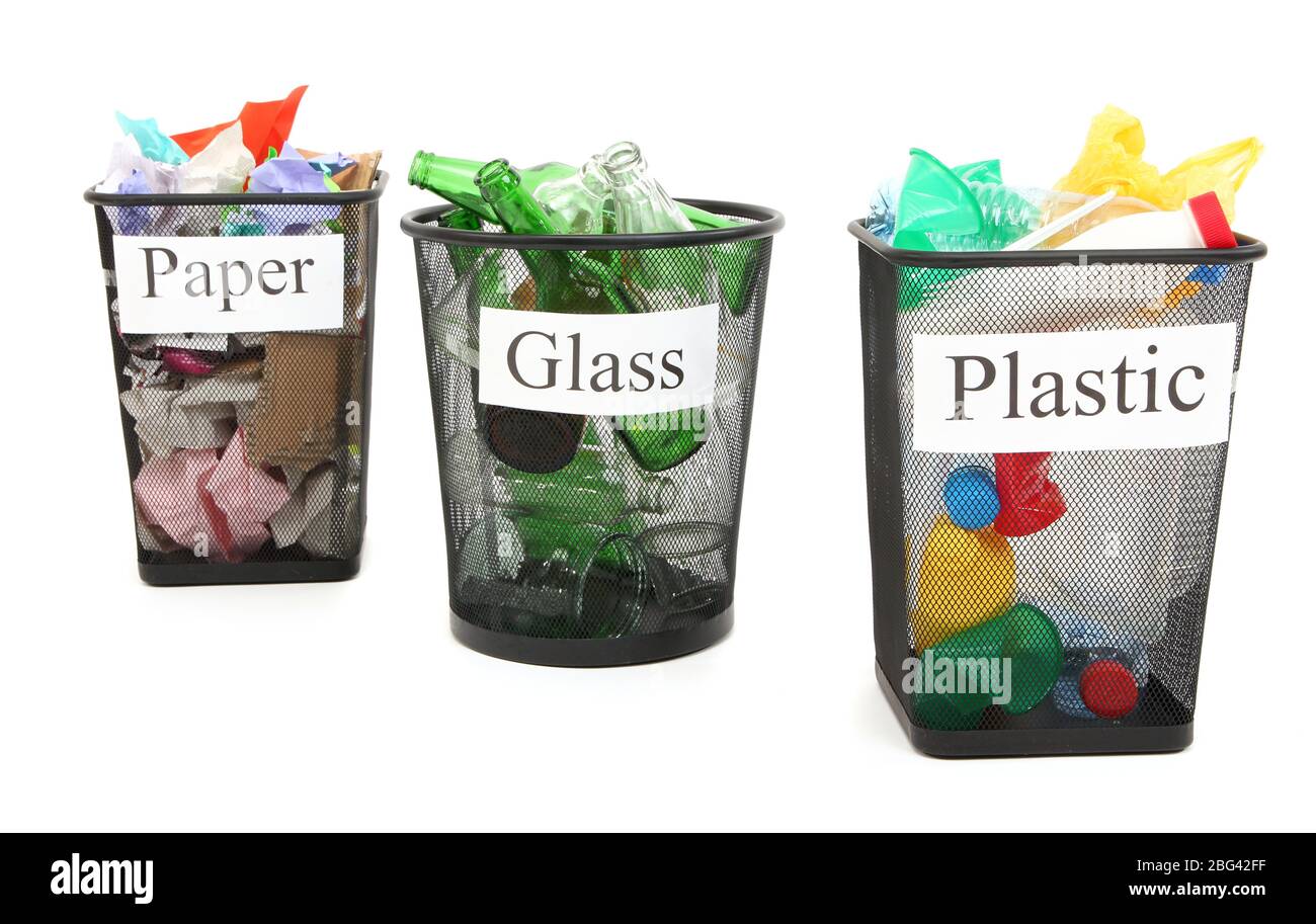 Buckets for waste sorting isolated on white Stock Photo - Alamy