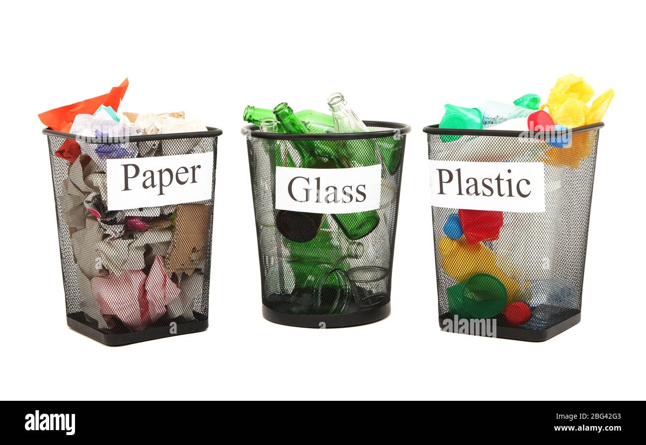 Buckets for waste sorting isolated on white Stock Photo - Alamy