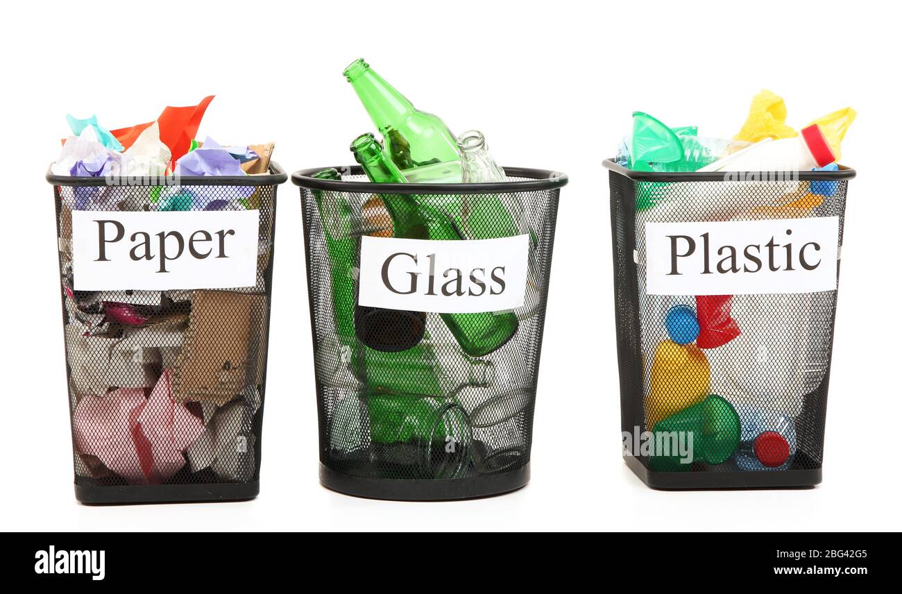 Buckets for waste sorting isolated on white Stock Photo - Alamy