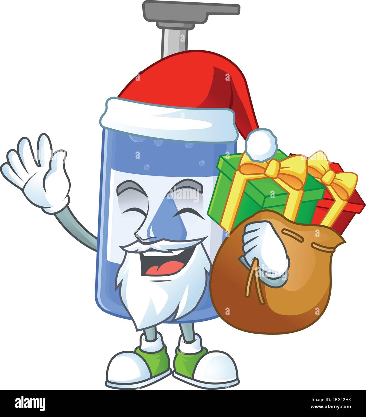 Santa handsanitizer Cartoon character design with sacks of gifts ...