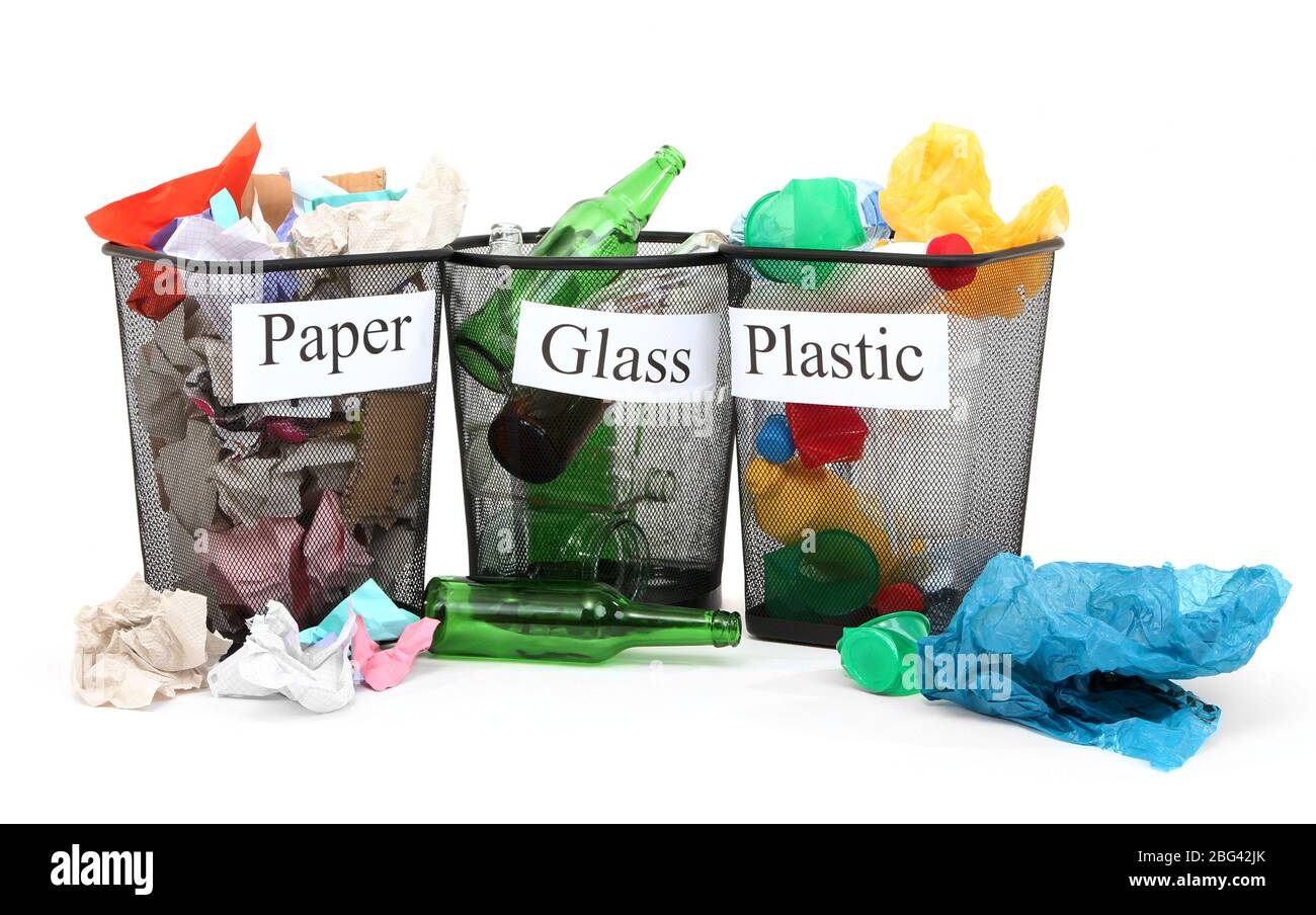 Buckets for waste sorting isolated on white Stock Photo - Alamy
