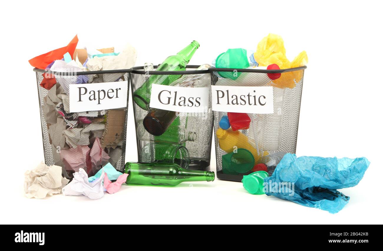 Buckets for waste sorting isolated on white Stock Photo - Alamy