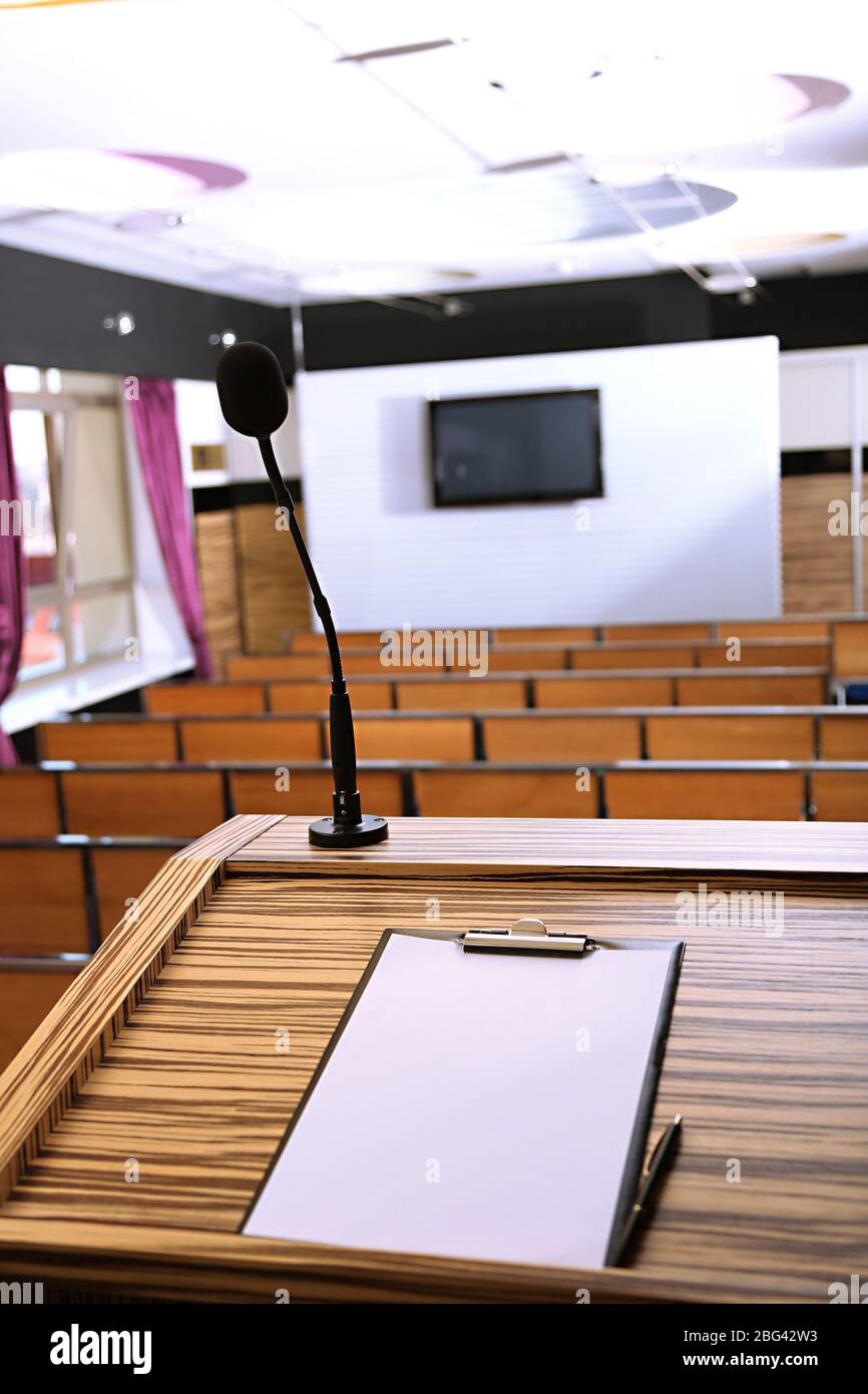 Interior of empty conference room with tribune Stock Photo - Alamy
