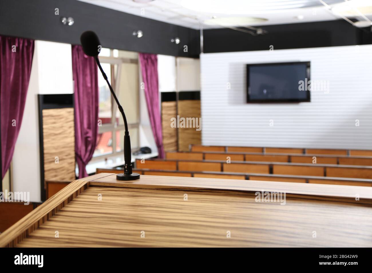 Interior of empty conference room with tribune Stock Photo - Alamy