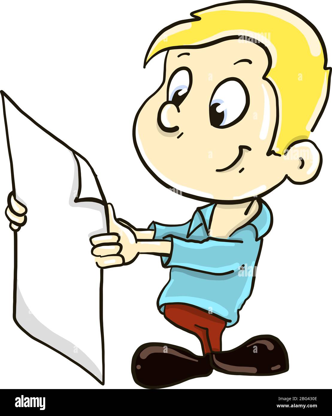 Boy with piece of paper, illustration, vector on white background Stock ...