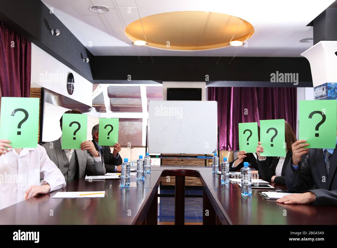 Businessmen with question marks on their faces before business training ...