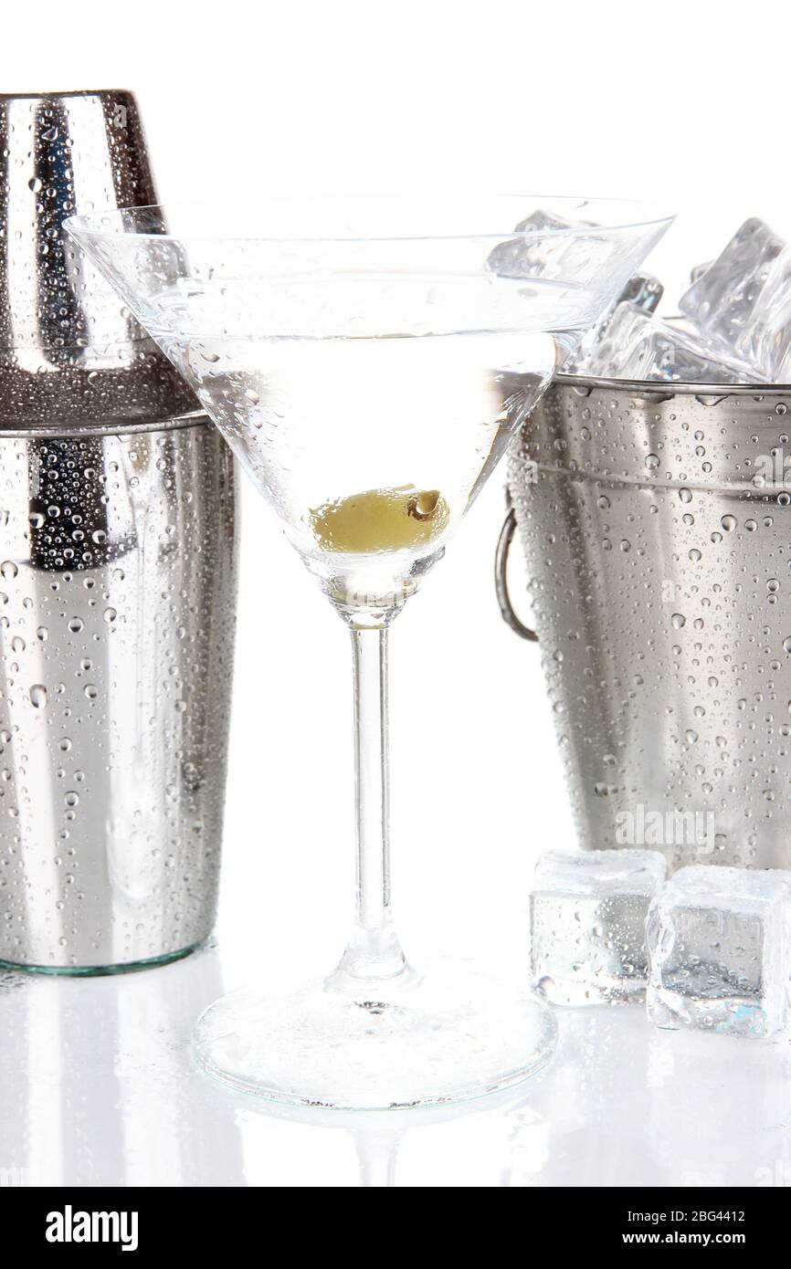 Metal ice bucket and shaker and cocktail isolated on white Stock Photo ...
