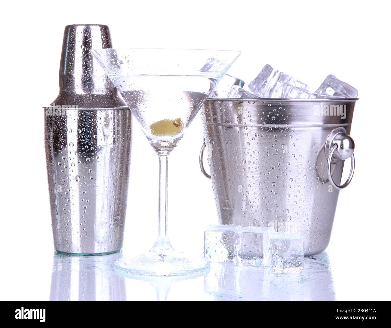 Metal ice bucket and shaker and cocktail isolated on white Stock Photo ...