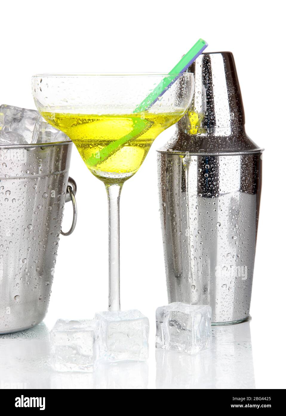 Metal ice bucket and shaker and cocktail isolated on white Stock Photo ...