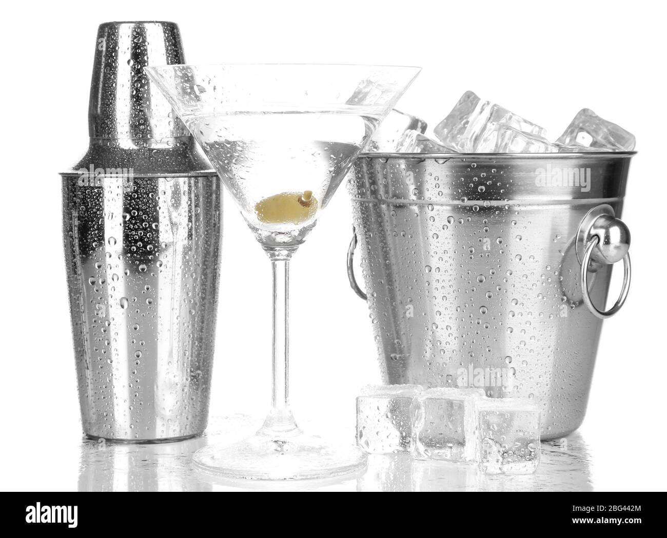 Metal ice bucket and shaker and cocktail isolated on white Stock Photo ...