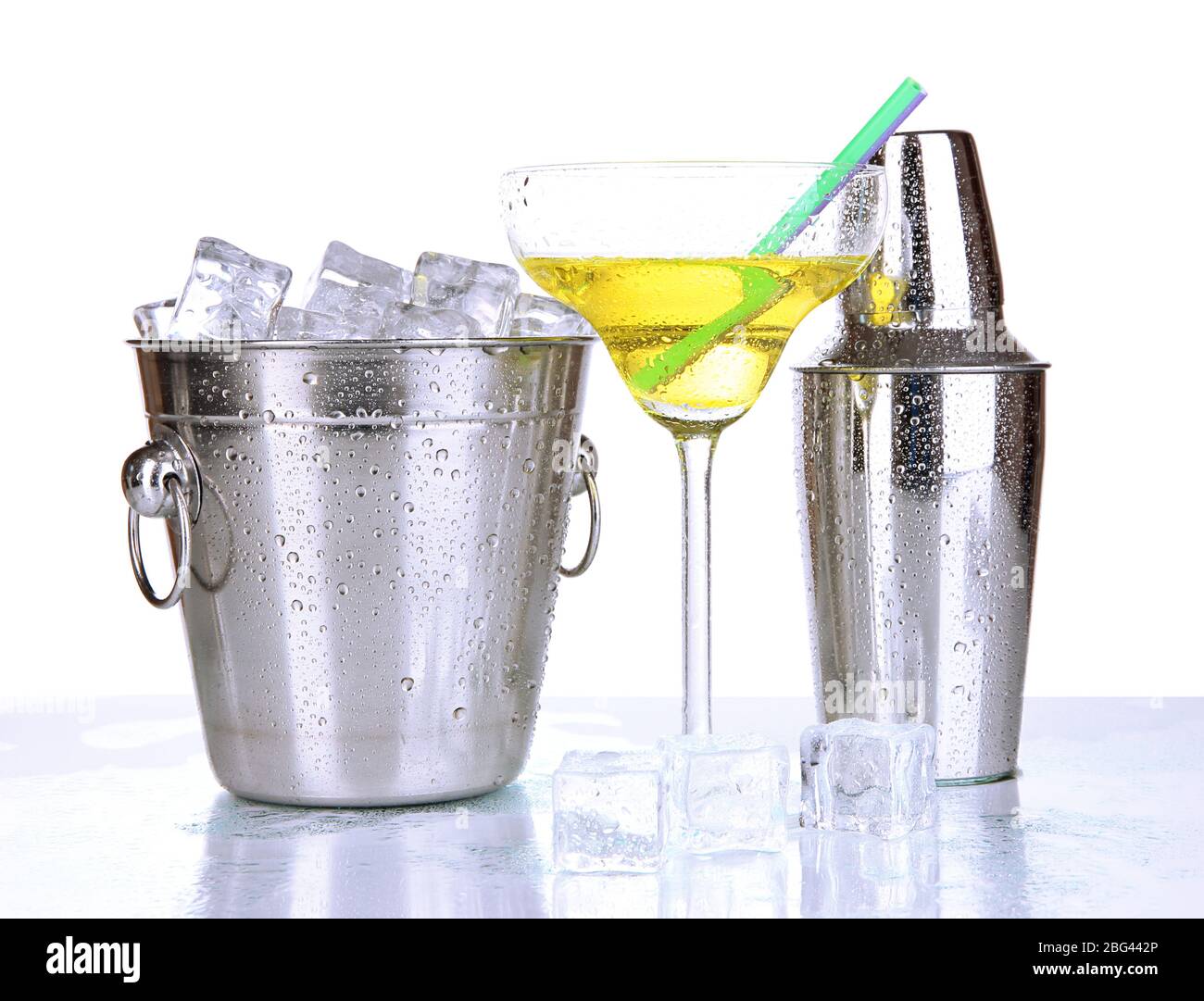 Metal ice bucket and shaker and cocktail isolated on white Stock Photo ...