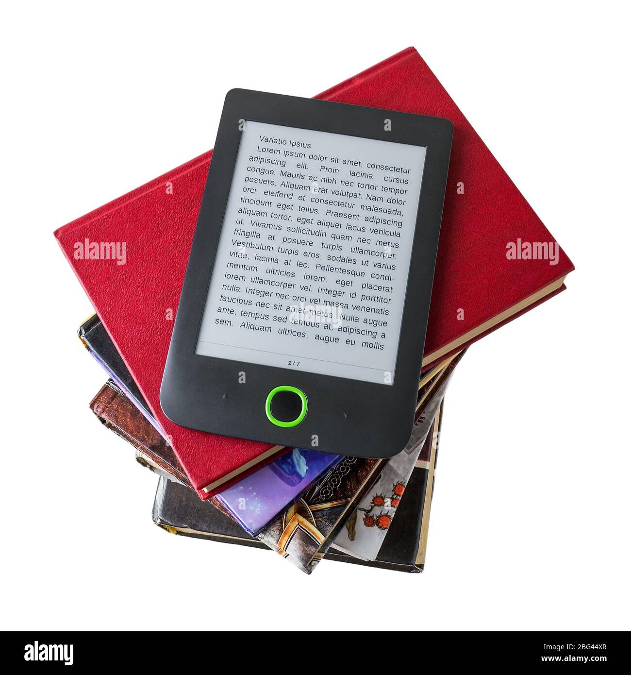 E-book reader on a stack of paper books isolated on white background ...