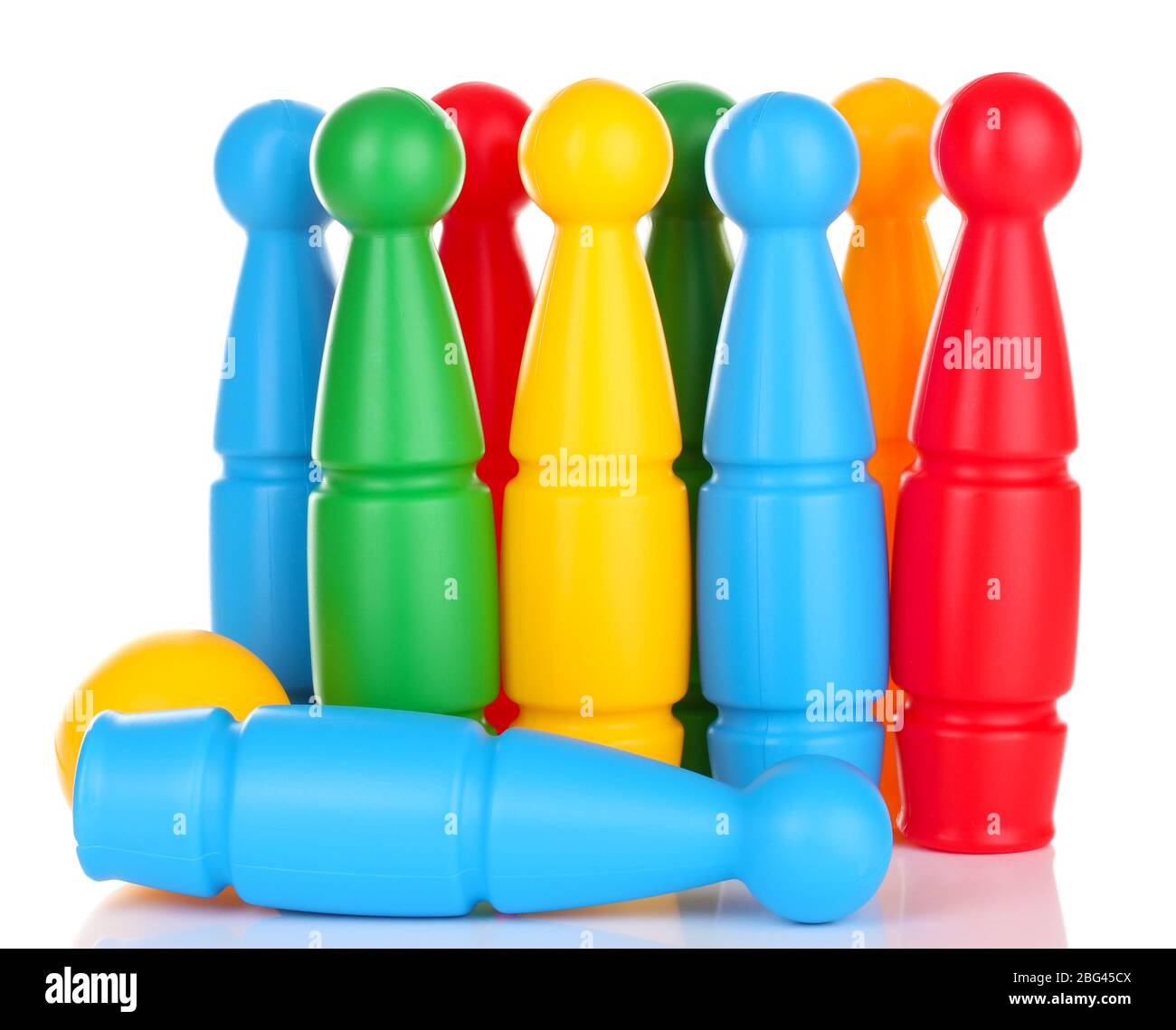 Colorful plastic skittles of toy bowling isolated on white Stock Photo Alamy