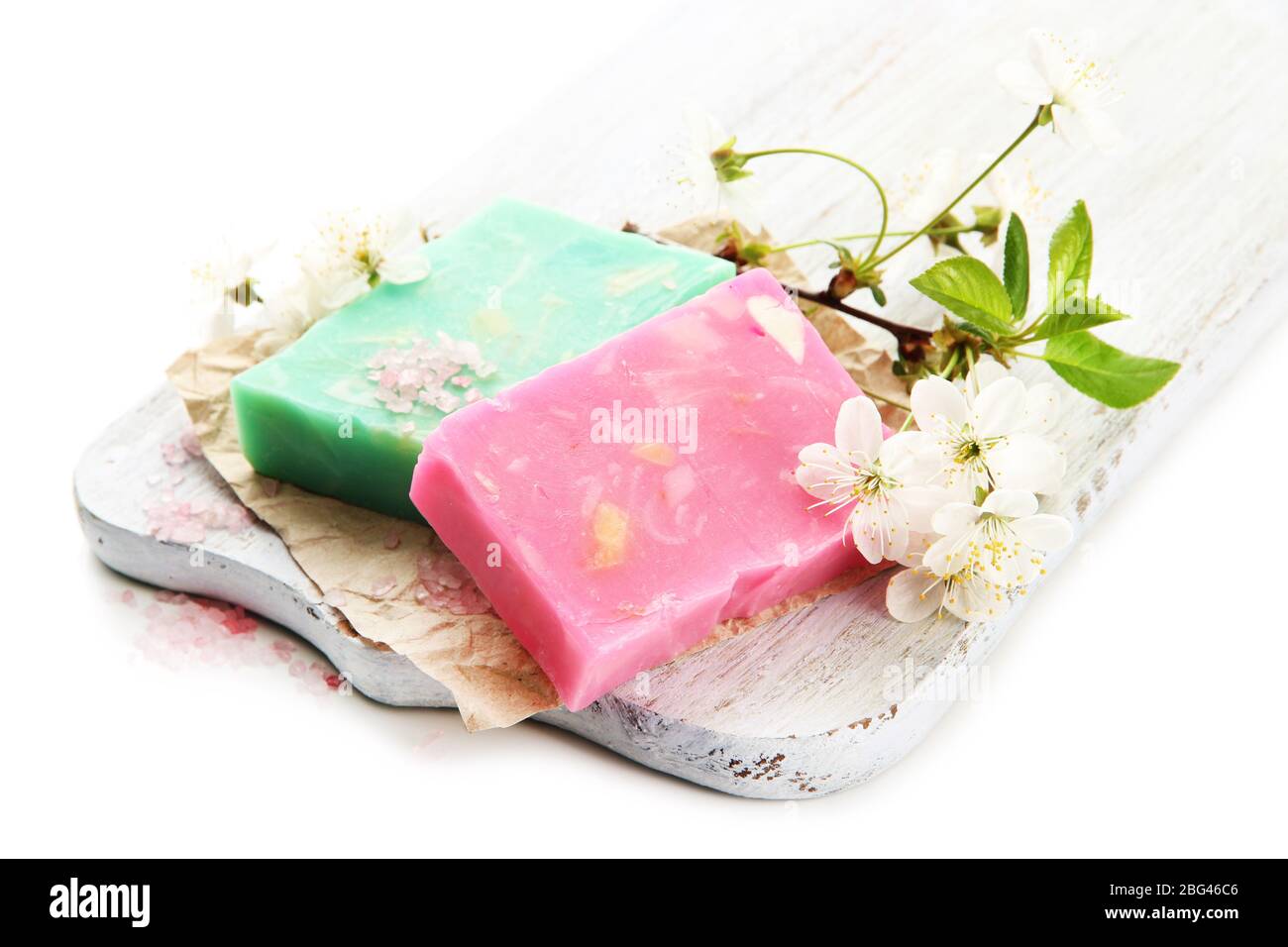 Natural handmade soap on wooden desk, isolated on white Stock Photo - Alamy