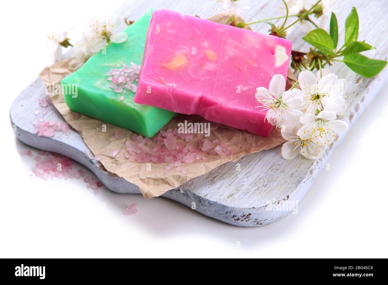 Natural handmade soap on wooden desk, isolated on white Stock Photo - Alamy