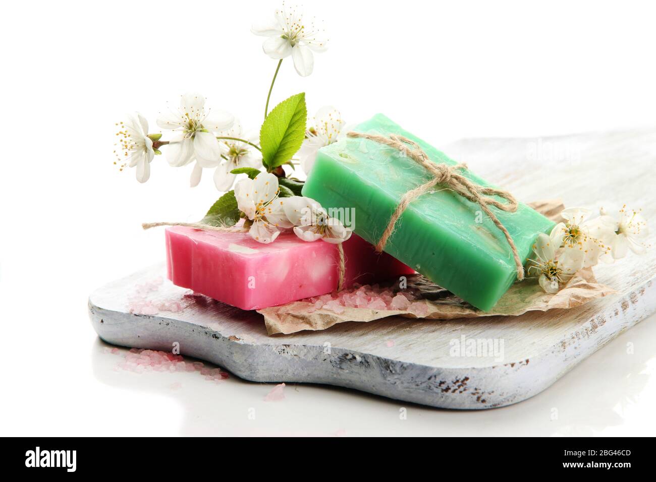 Natural handmade soap on wooden desk, isolated on white Stock Photo - Alamy
