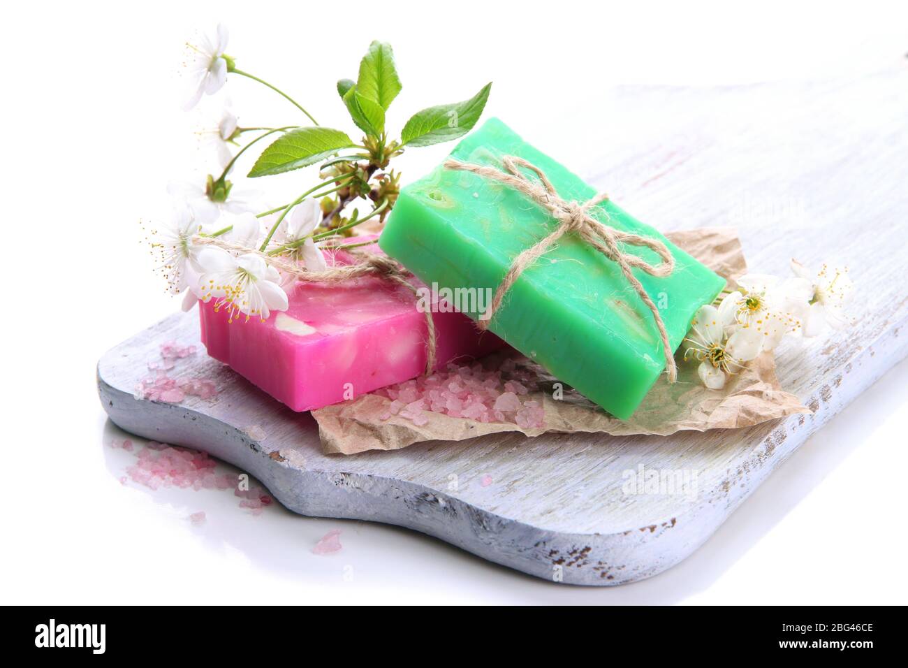 Natural handmade soap on wooden desk, isolated on white Stock Photo - Alamy