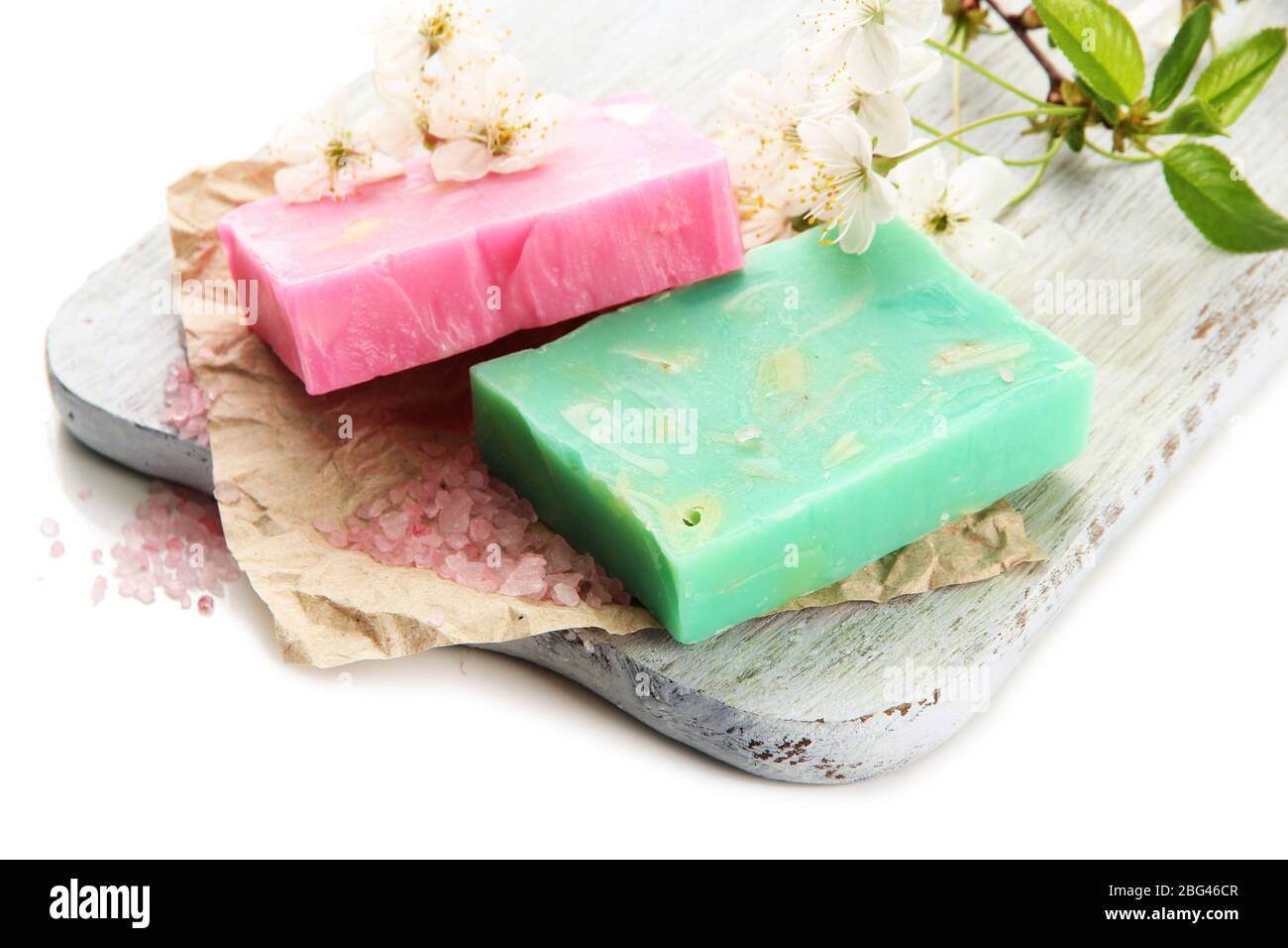 Natural handmade soap on wooden desk, isolated on white Stock Photo - Alamy