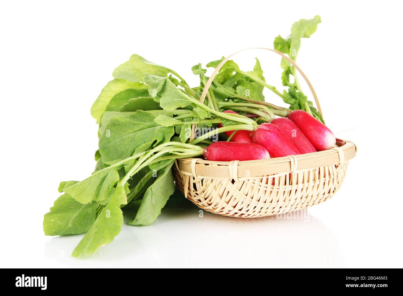Small garden radish with leaves in wicker basket isolated on white ...