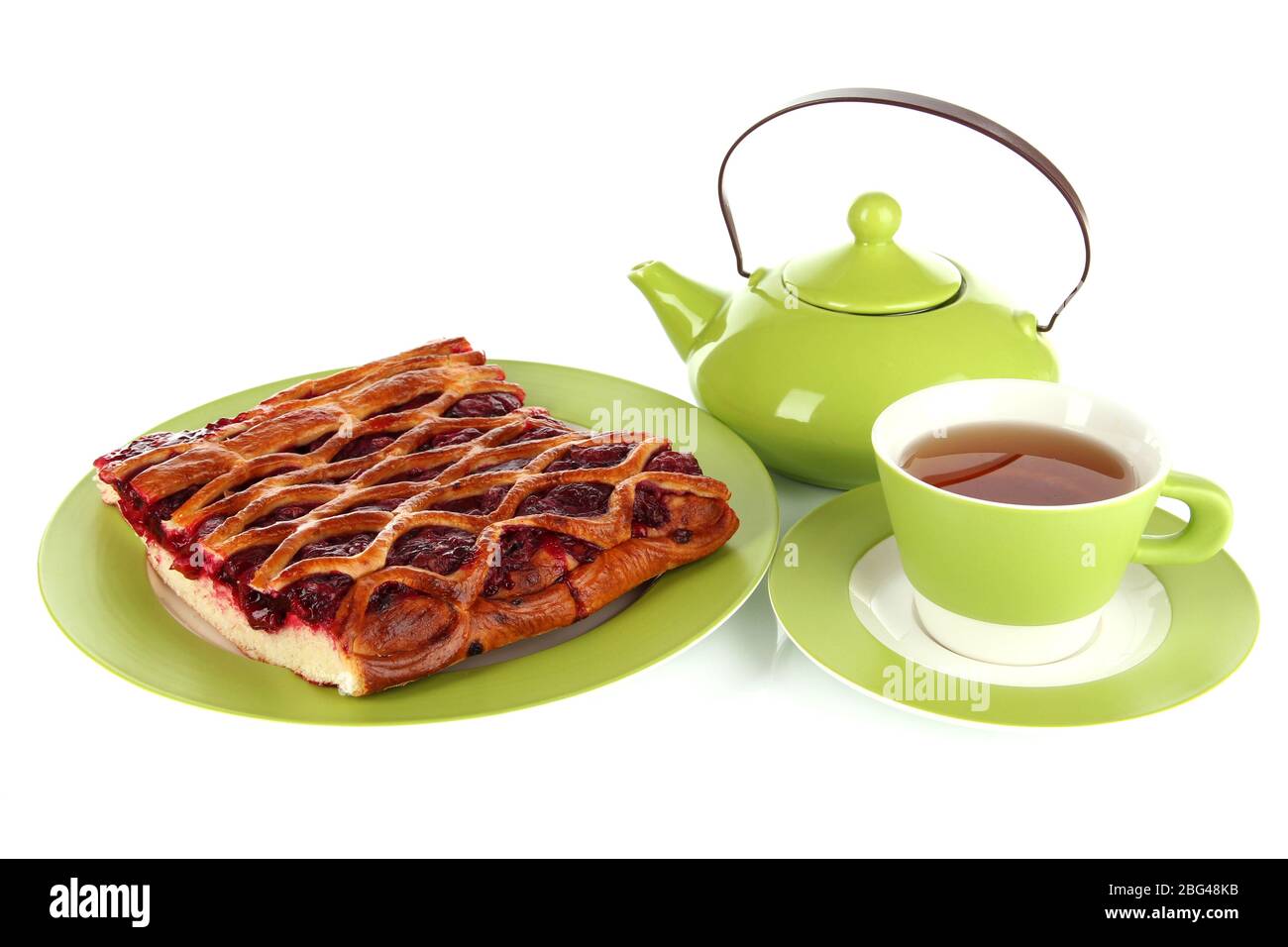 Cherry Pie with tea isolated on white Stock Photo - Alamy