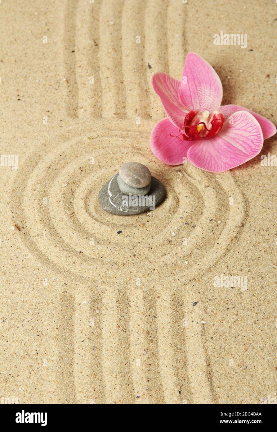 Zen garden with raked sand and round stones close up Stock Photo - Alamy