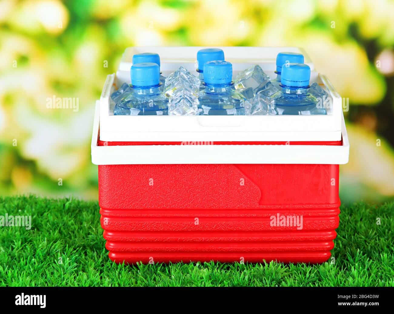 Picnic refrigerator with bottles of water and ice cubes on grass Stock ...