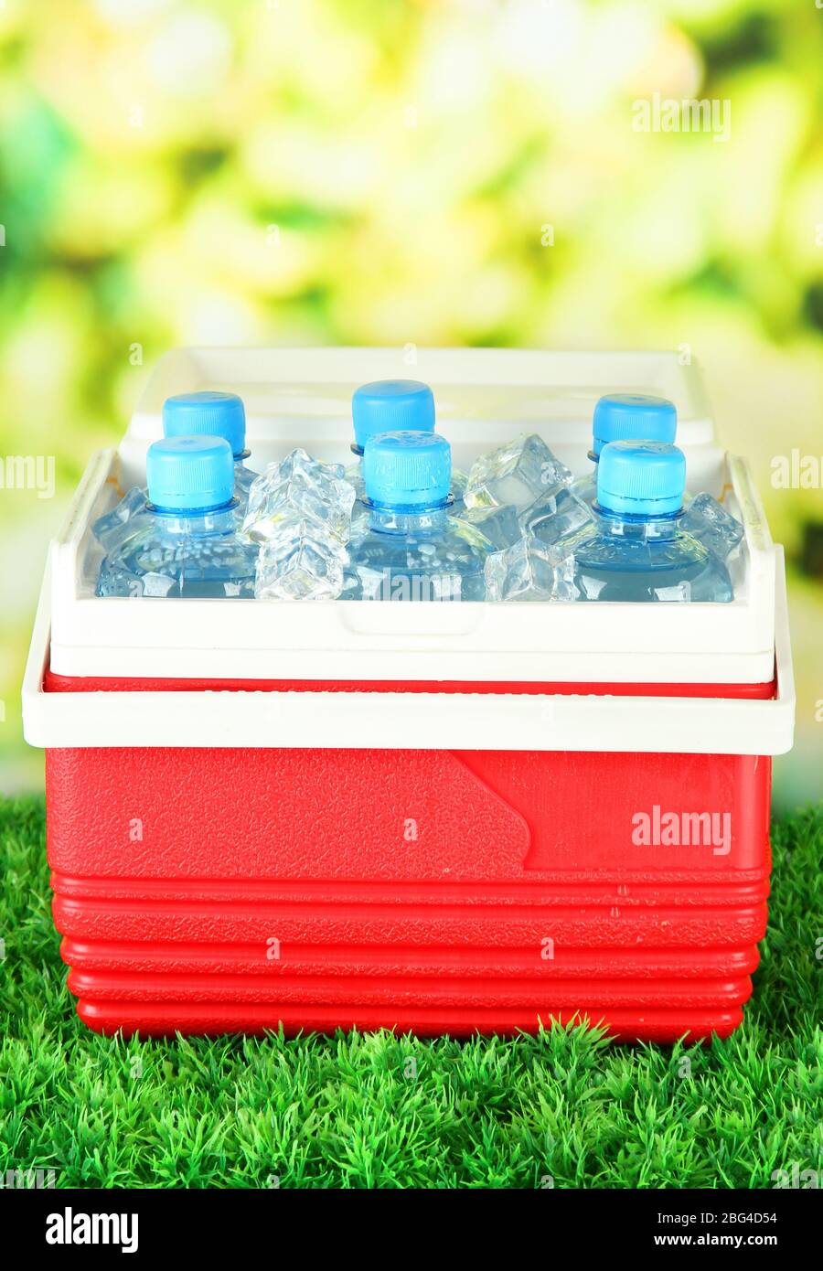 Picnic refrigerator with bottles of water and ice cubes on grass Stock ...