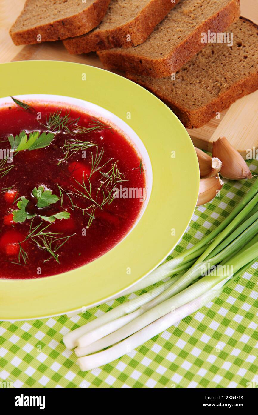 Delicious borsch on table close-up Stock Photo - Alamy