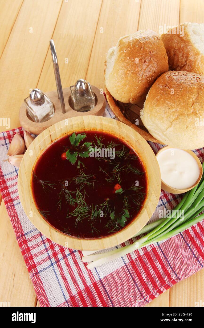 Delicious borsch on table close-up Stock Photo - Alamy