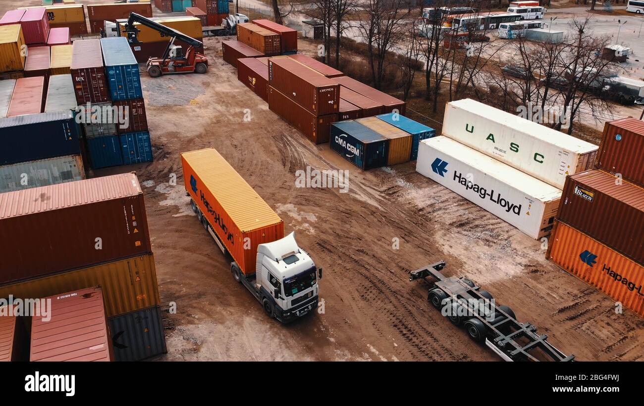 Warsaw, Poland 03.20.2020. - Empty cargo containers on the railyard ...