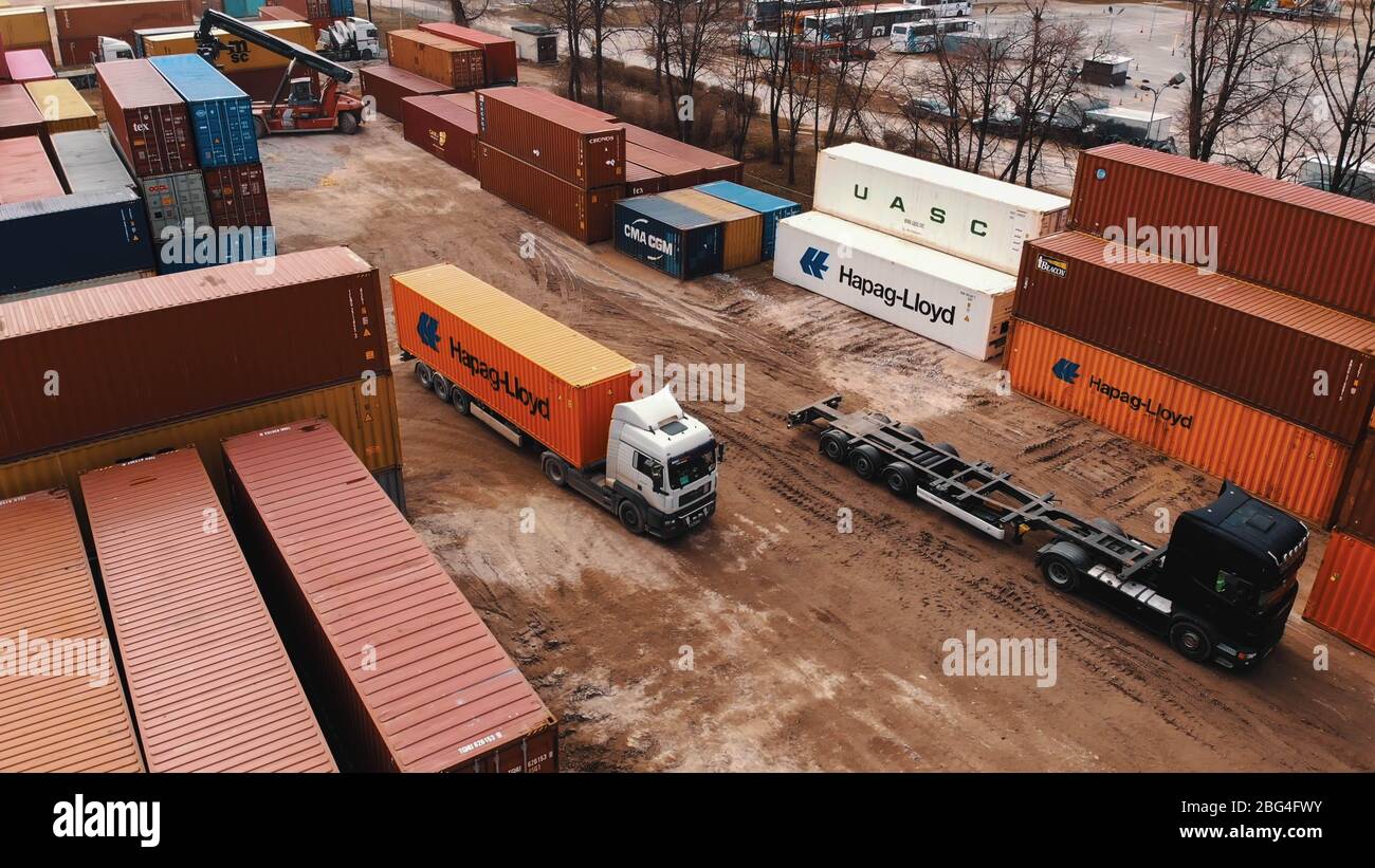 Warsaw, Poland 03.20.2020. - Empty cargo containers on the railyard ...