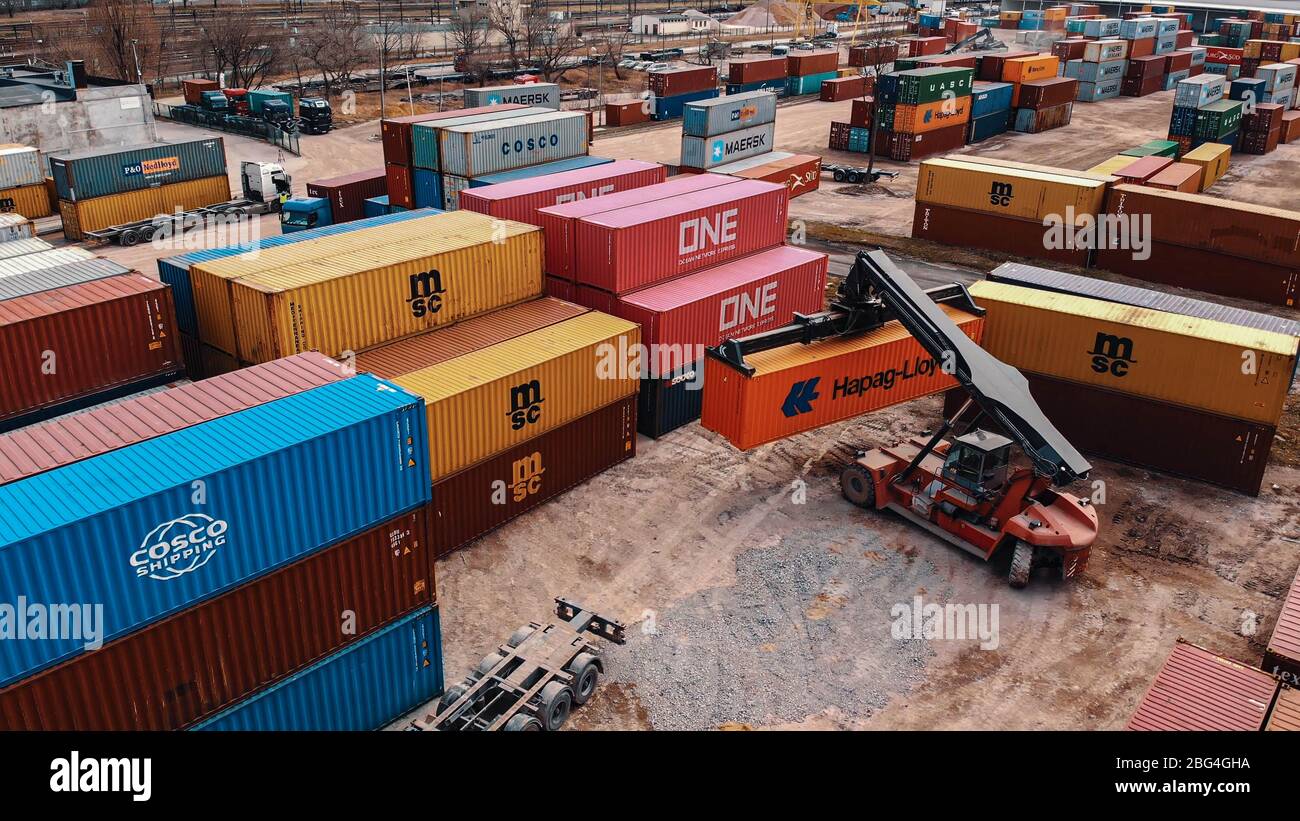 Warsaw, Poland 03.20.2020. - Empty cargo containers on the railyard ...