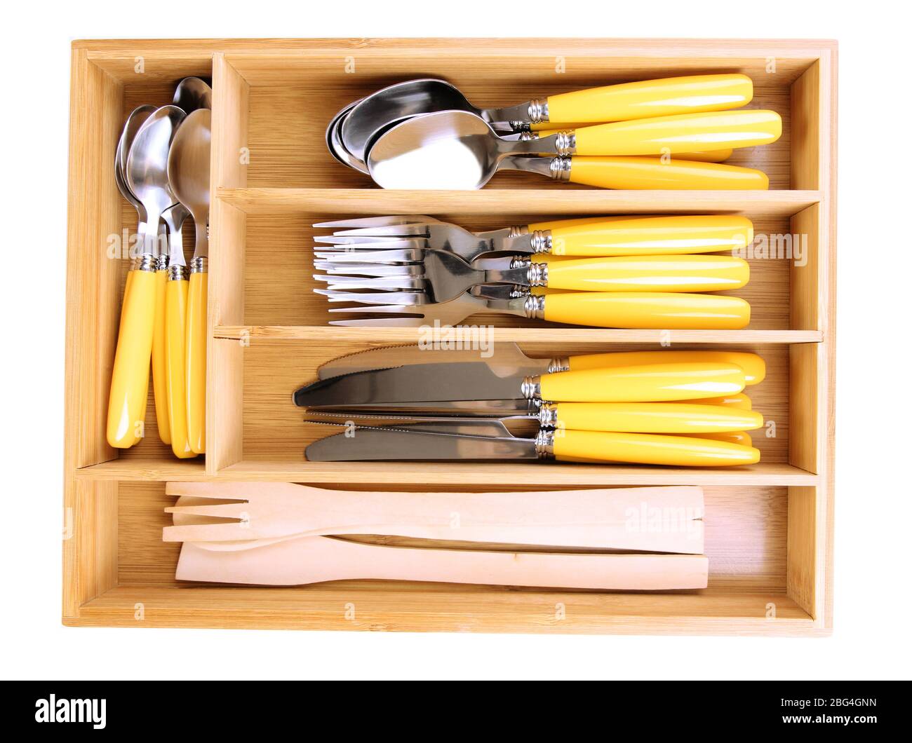 Wooden cutlery box with checked cutlery isolated on white Stock Photo ...