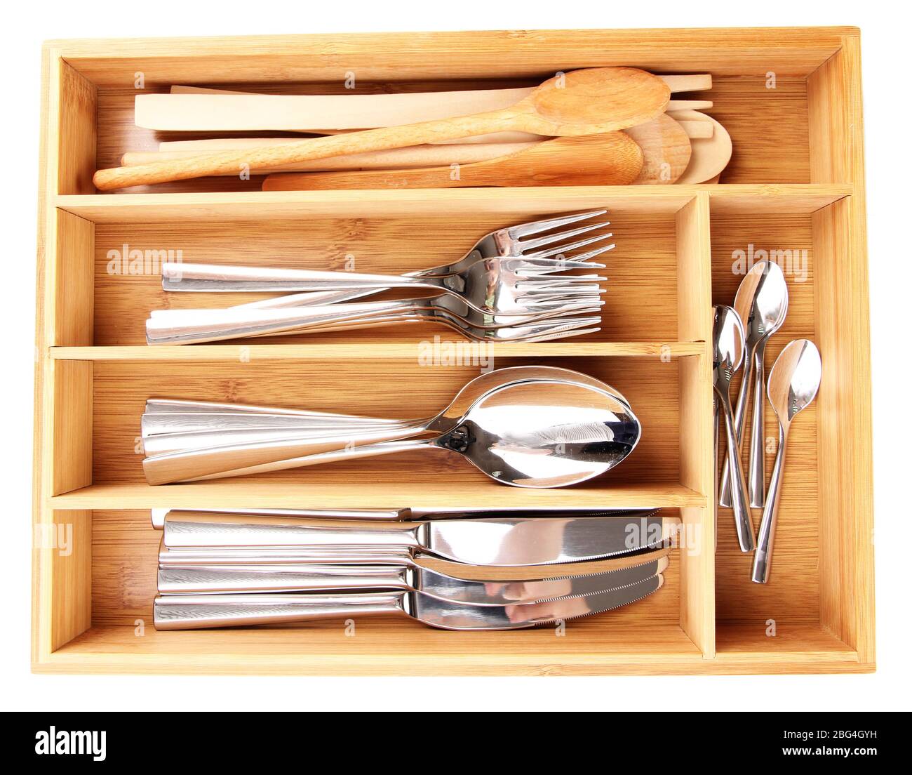 Wooden cutlery box with checked cutlery isolated on white Stock Photo ...
