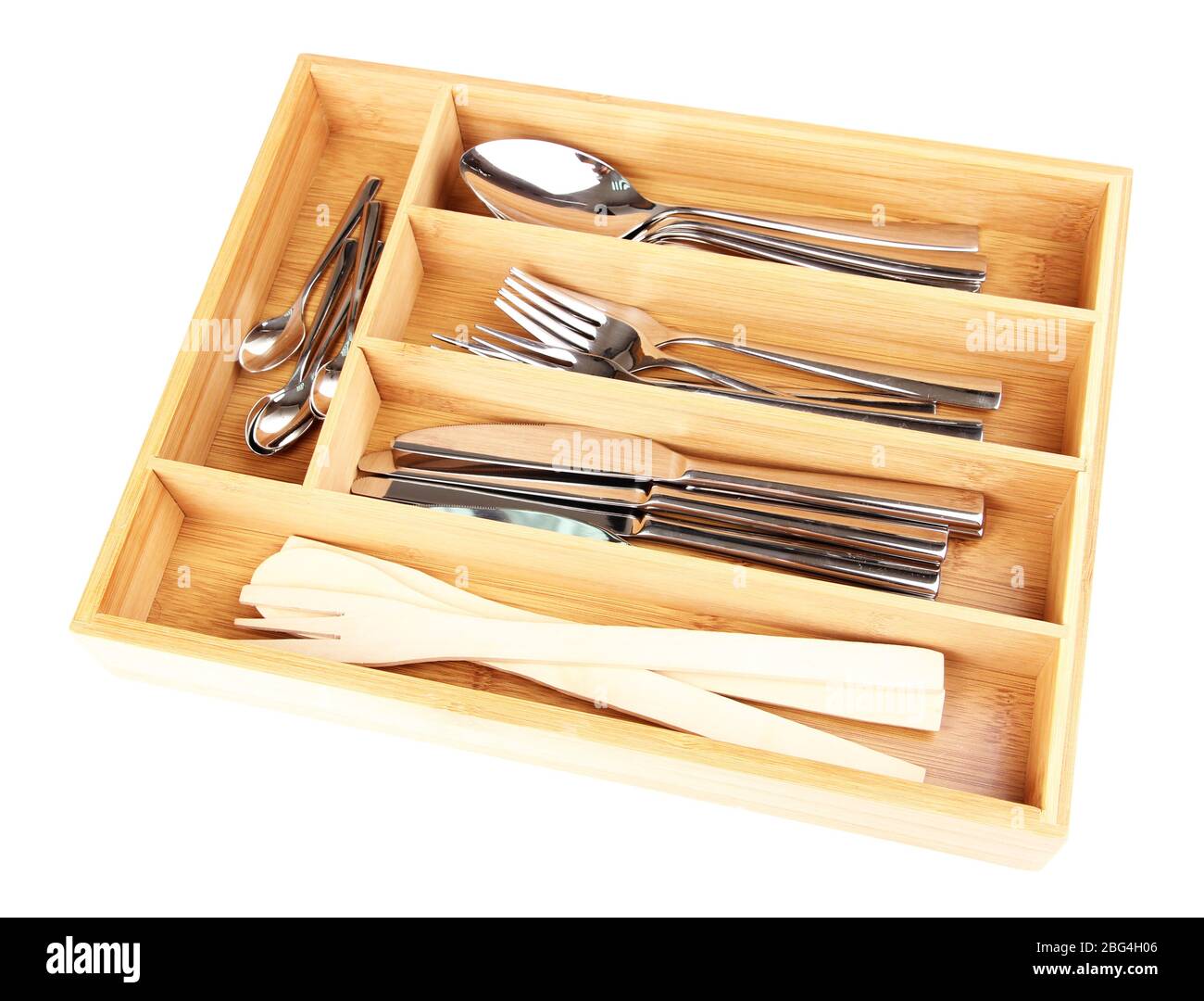 Wooden cutlery box with checked cutlery isolated on white Stock Photo ...