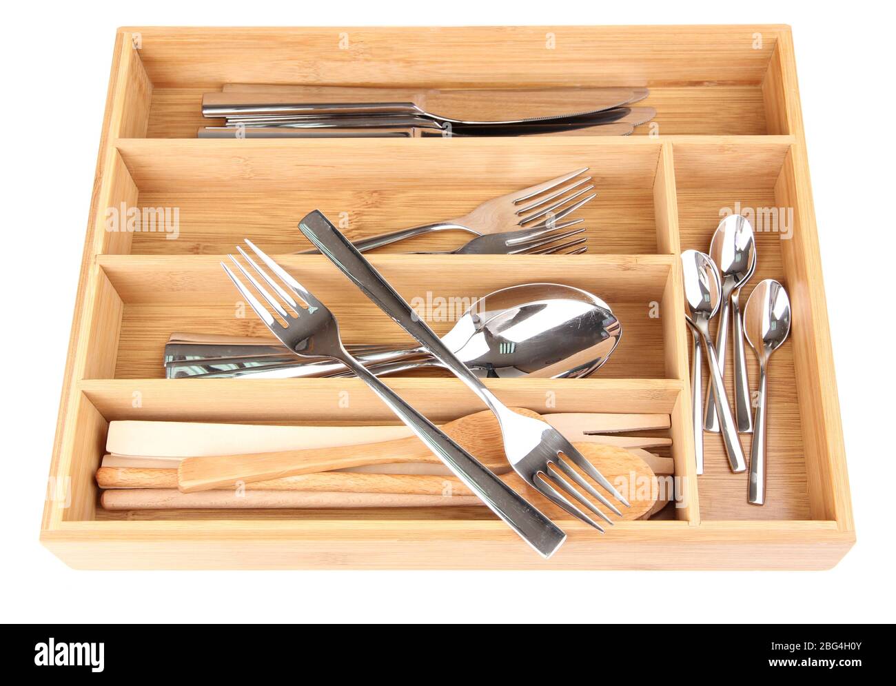 Wooden cutlery box with checked cutlery isolated on white Stock Photo ...