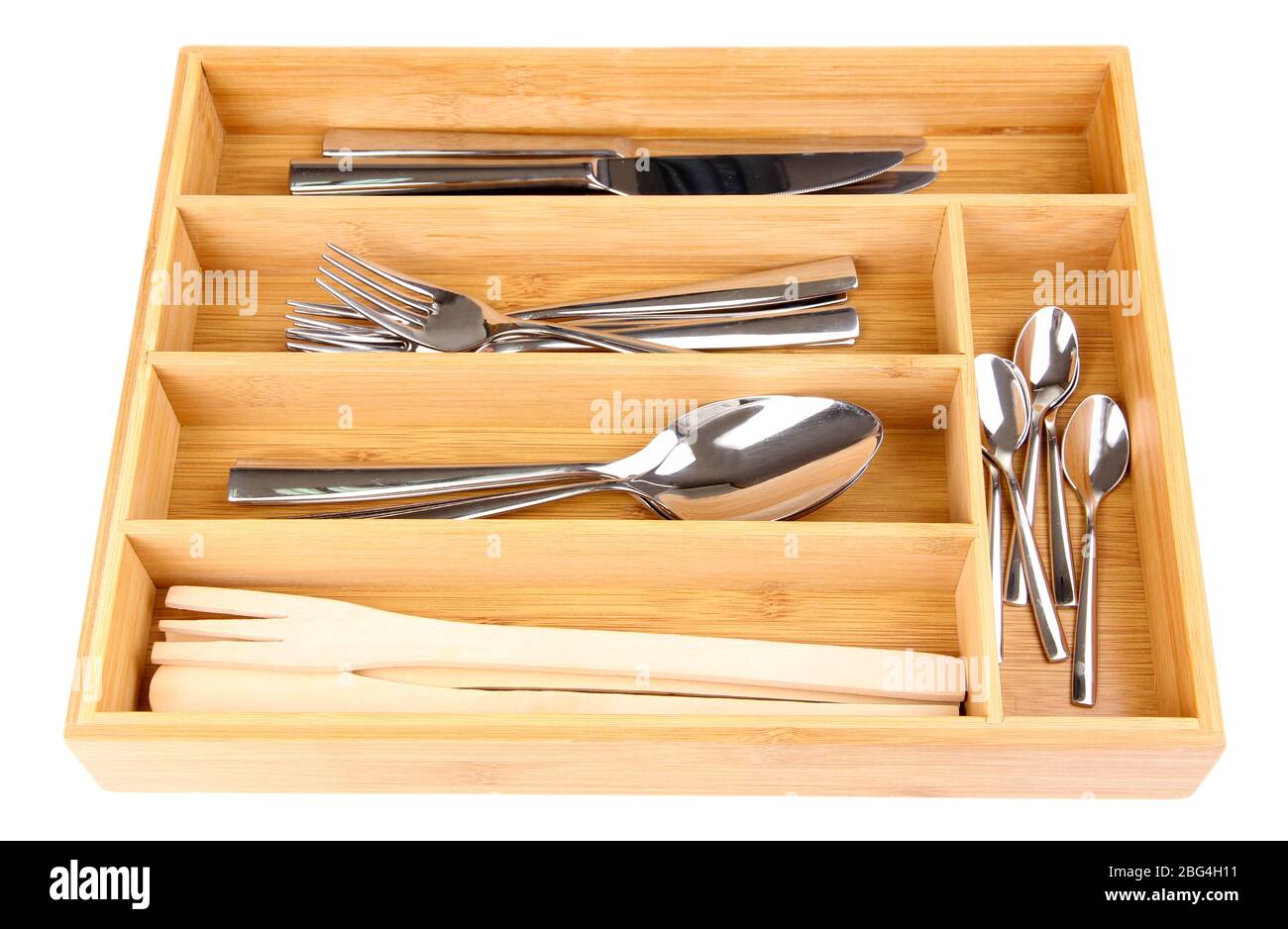 Wooden cutlery box with checked cutlery isolated on white Stock Photo ...