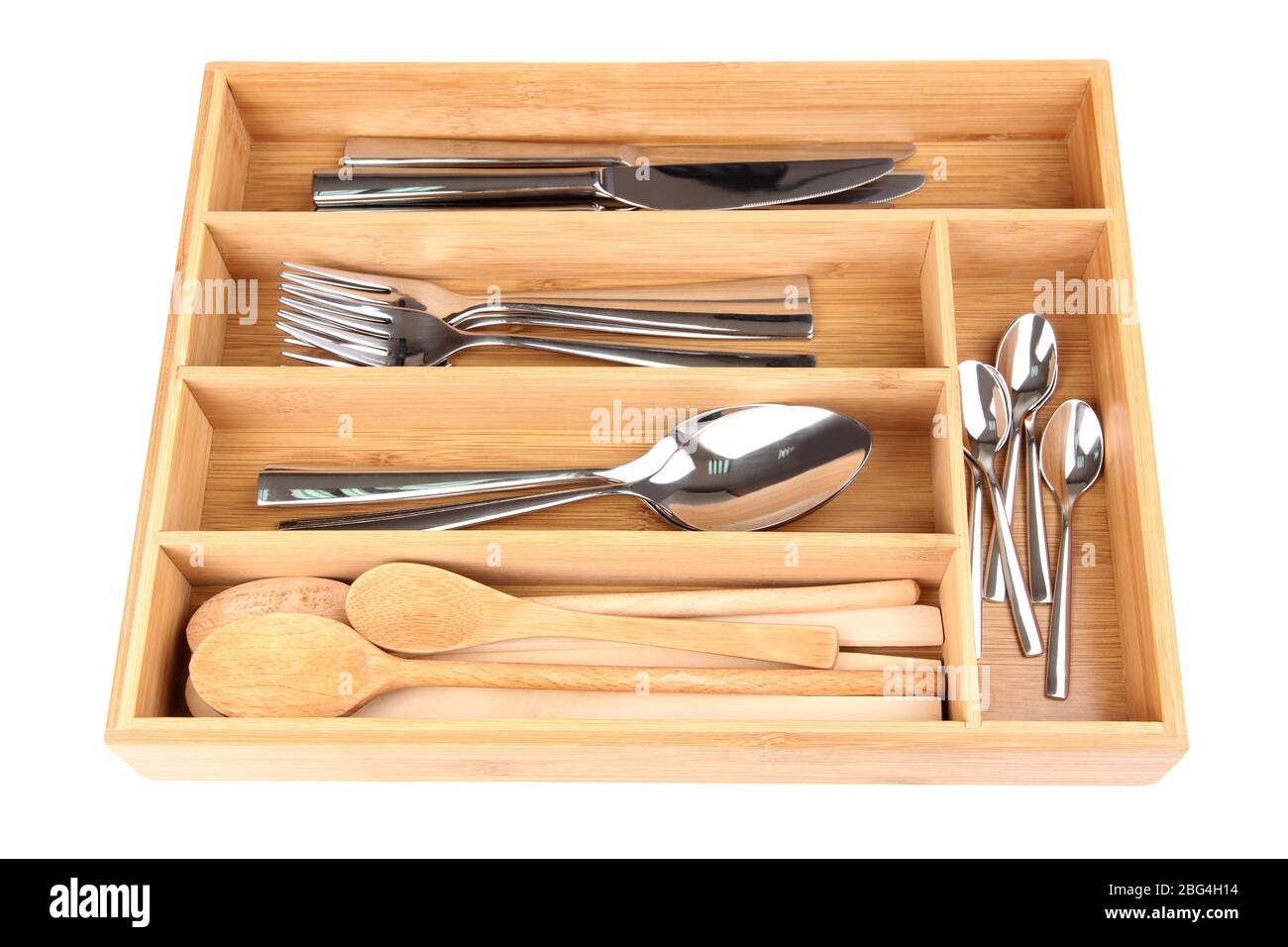 Wooden cutlery box with checked cutlery isolated on white Stock Photo ...